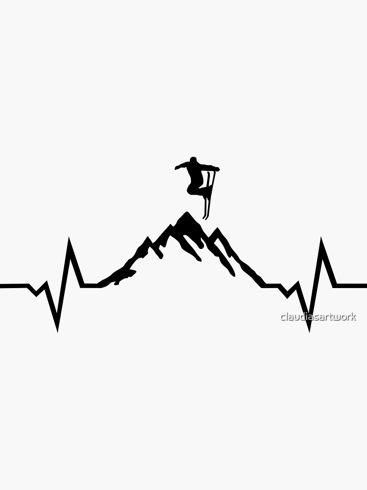 "Skiing - Skier, Mountain and ECG Heartbeat" Sticker by claudiasartwork ...