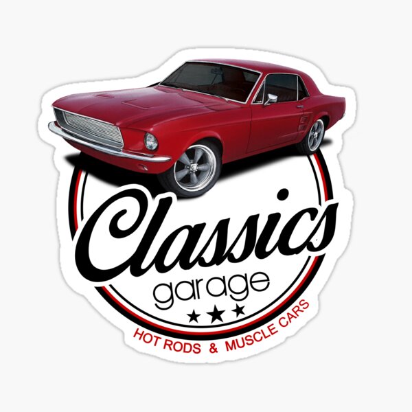 "Classics Garage Red Mustang" Sticker for Sale by Yourauto | Redbubble