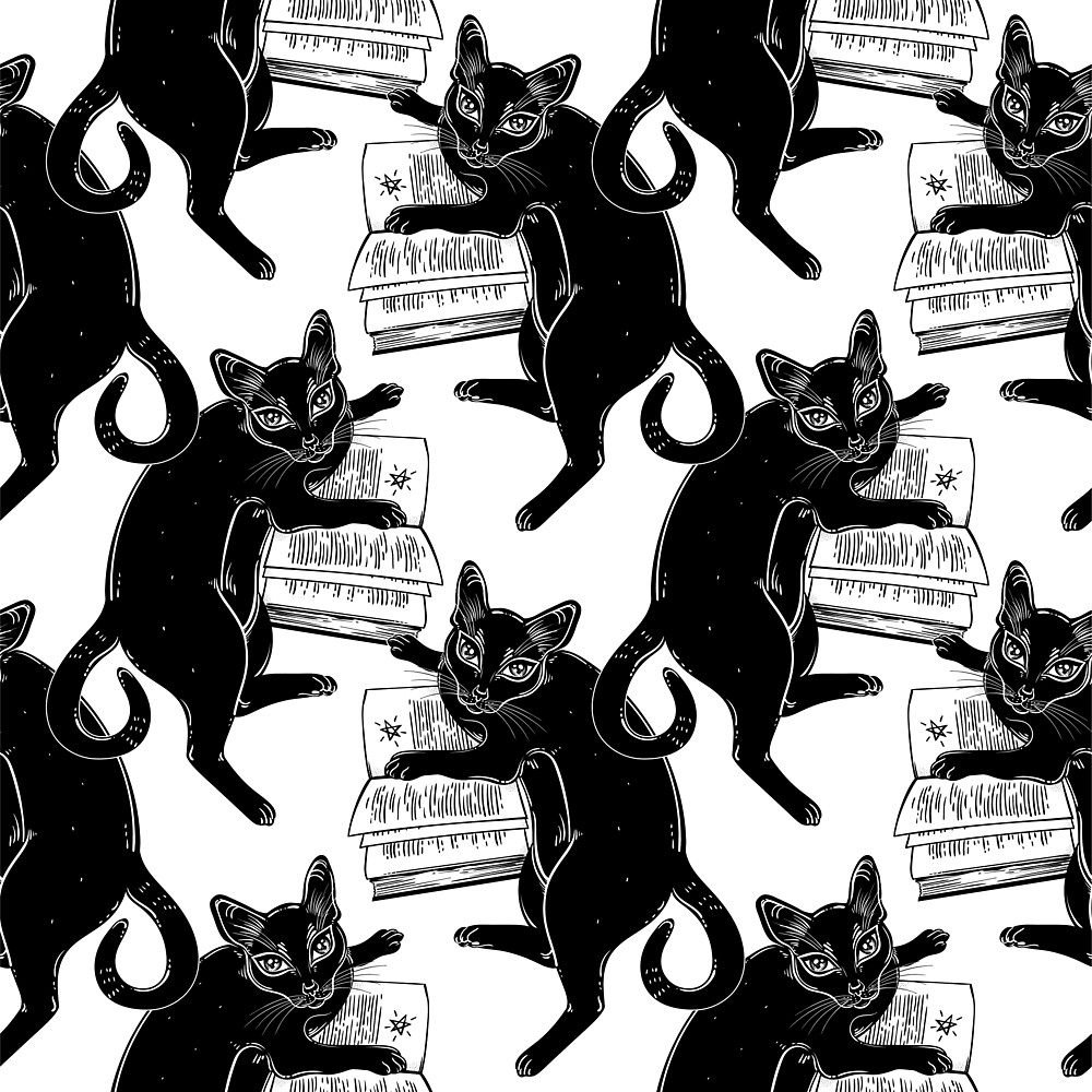 "Smart black cat reading the magic book seamless pattern." by ...