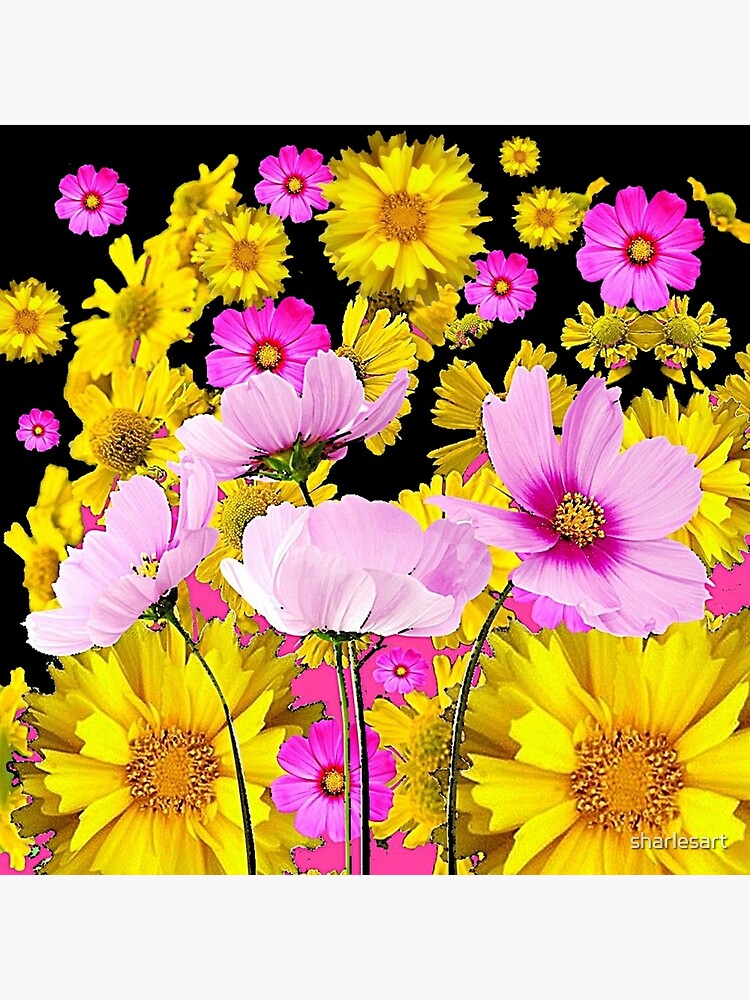 "BLACK FLORAL DRAWING OF LILAC COSMOS & COREOPSIS FLOWERS FROM ...