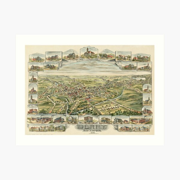 "Vintage Pictorial Map of Derry NH (1898)" Art Print by BravuraMedia ...