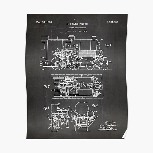 "Steam Train Patent - Steam Locomotive Art - Black Chalkboard" Poster ...