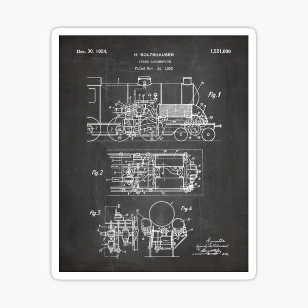 "Steam Train Patent - Steam Locomotive Art - Black Chalkboard" Sticker ...