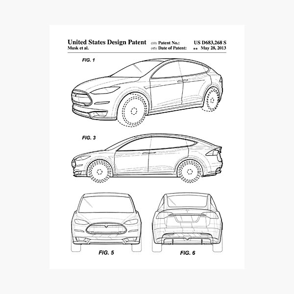 "Tesla Model S Patent - Tesla Art - Black And White" Photographic Print ...