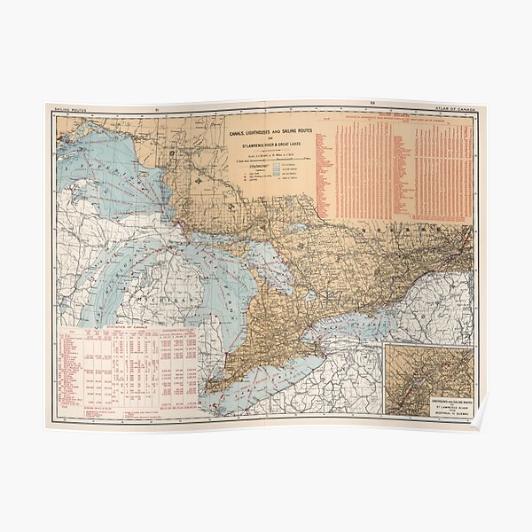 "Vintage Great Lakes Lighthouses and Sailing Routes Map (1915)" Poster ...