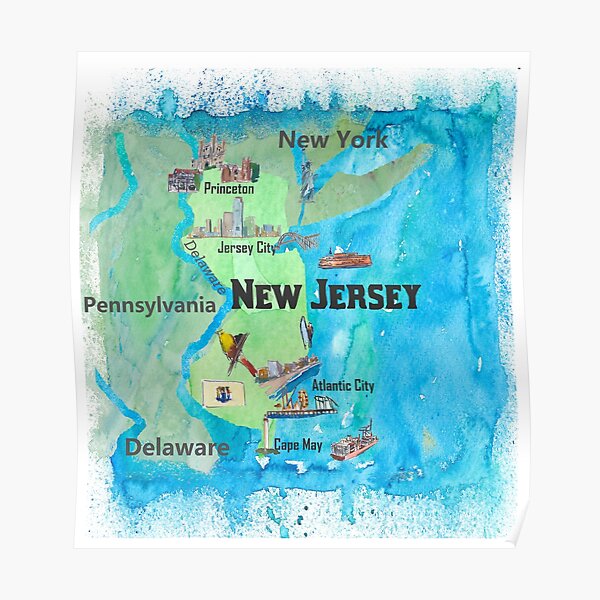 "USA New Jersey Travel Poster Map With Highlights And Favorites" Poster ...