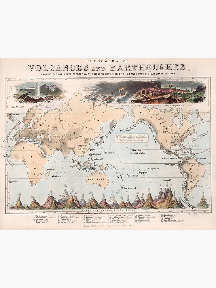 Vintage Volcano and Earthquake World Map (1852) Premium Matte Vertical ...