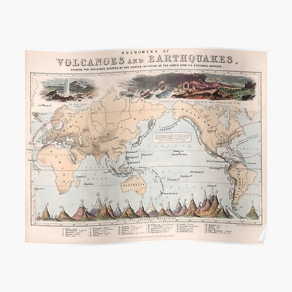 "Vintage Volcano and Earthquake World Map (1852)" Poster by ...