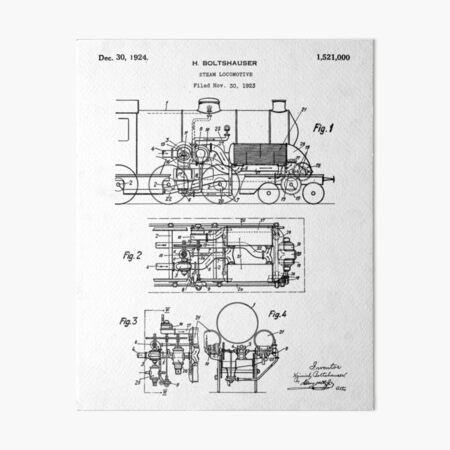 "Steam Train Patent - Steam Locomotive Art - Black And White" Art Board ...