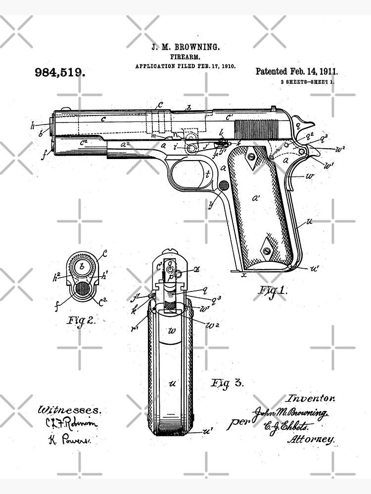 "Colt Pistol Patent - Browning 1911 Colt Art - Black And White" Sticker ...