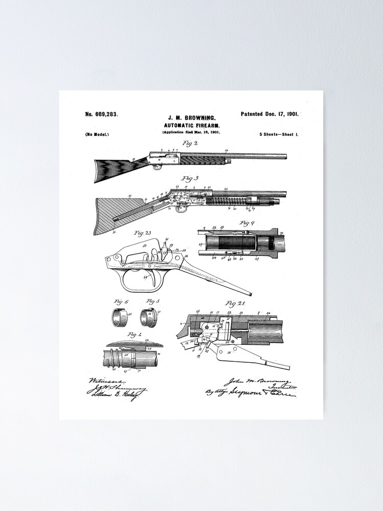 "Automatic Rifle Patent - Browning Rifle Art - Black And White" Poster ...