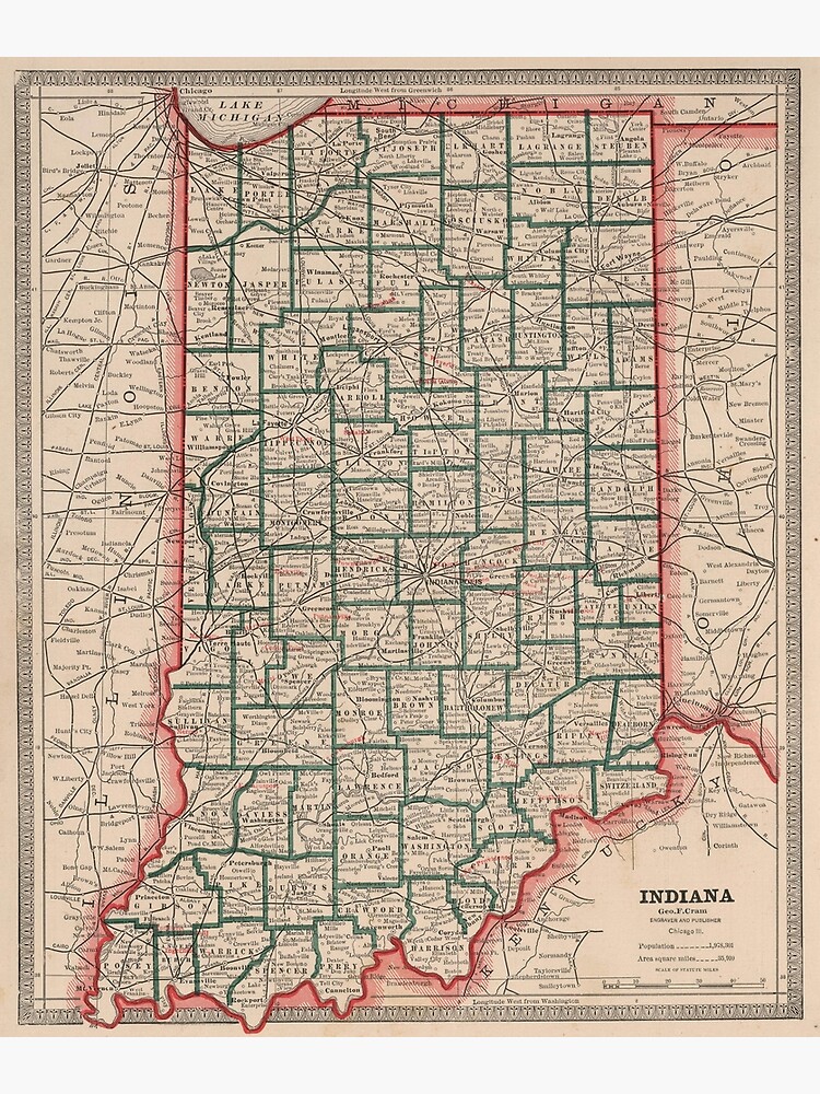 "Vintage Map of Indiana (1883)" Poster by BravuraMedia | Redbubble