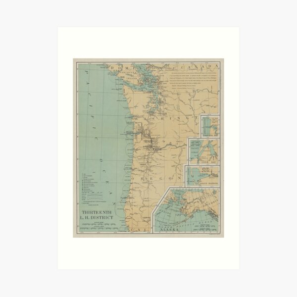 "Vintage Washington & Oregon Lighthouse Map (1898)" Art Print for Sale ...