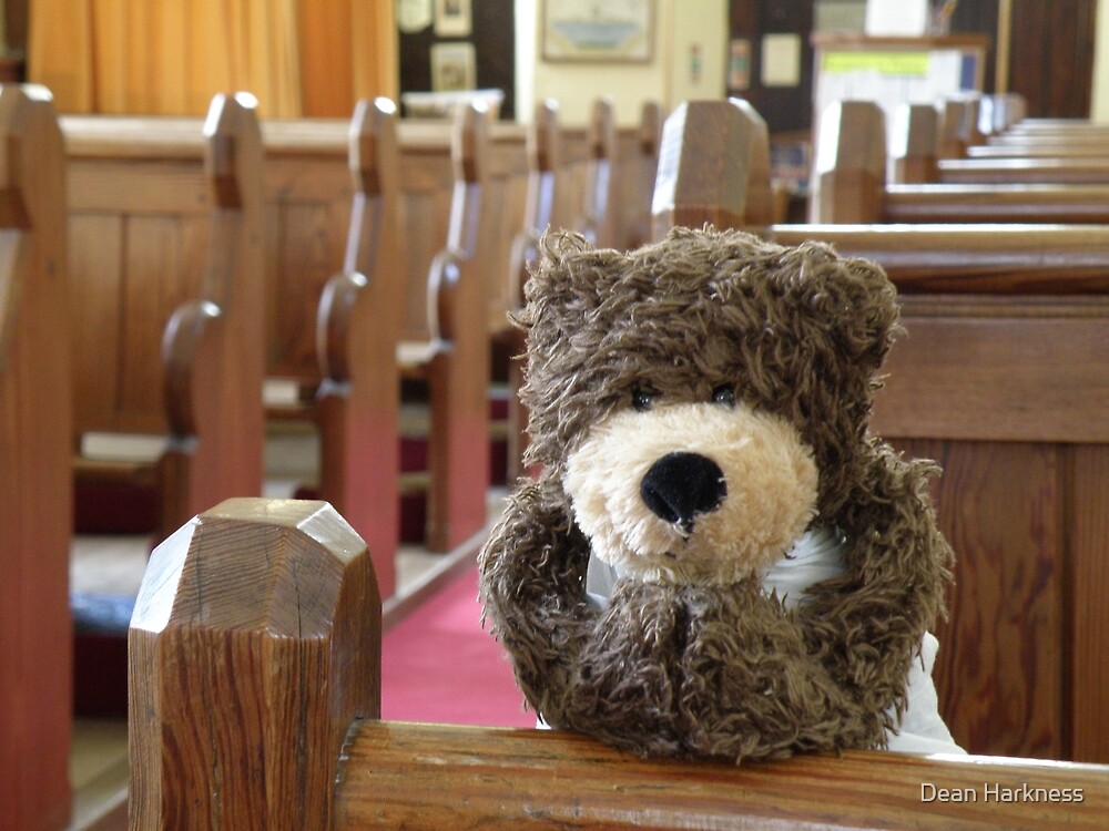 "Teddy Bear praying in church" by Dean Harkness | Redbubble
