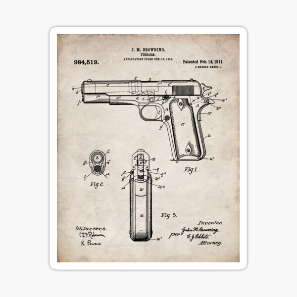 "Colt Pistol Patent - Browning 1911 Colt Art - Antique" Sticker by ...