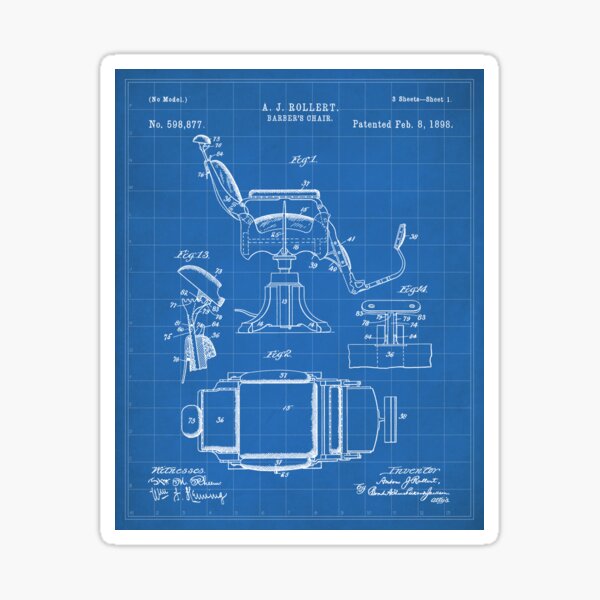 "Barbers Chair Patent - Barber Art - Blueprint" Sticker by patentpress ...