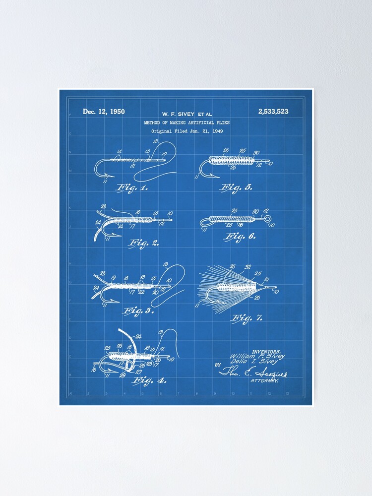"Fly Fishing Patent - Fisherman Art - Blueprint" Poster by patentpress ...
