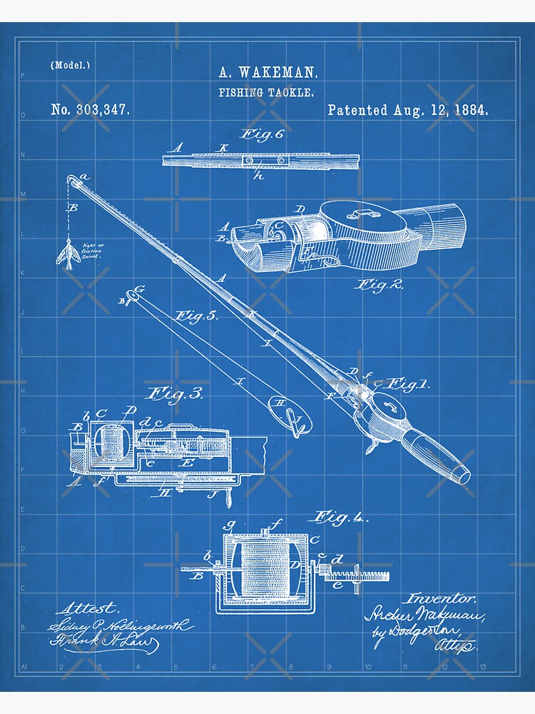 "Fishing Rod Patent - Fishing Art - Blueprint" Sticker by patentpress ...