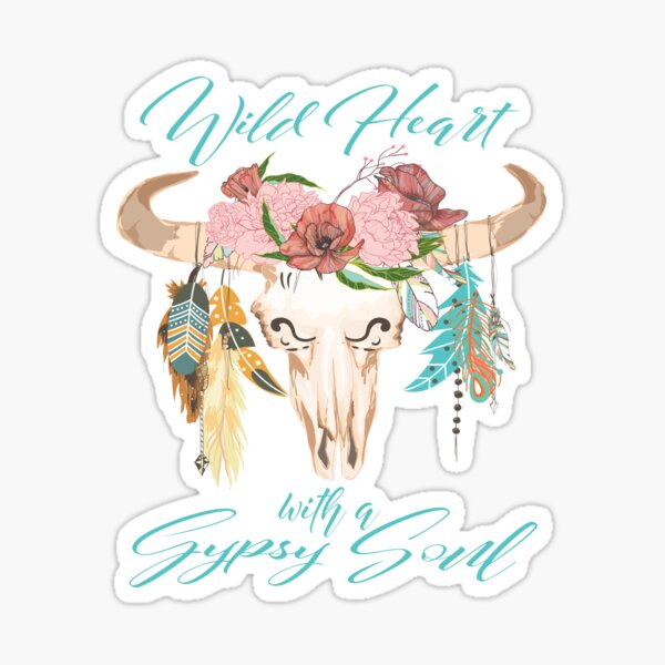 "Boho Gypsy Soul - Cow Skull With Bull Feathers & Flowers" Sticker for ...