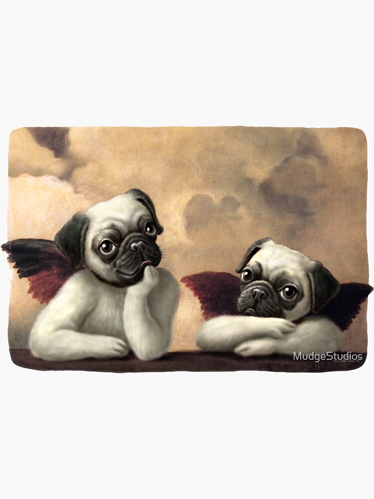 "Twin Winged Pug Cherub Puppies" Sticker by MudgeStudios | Redbubble