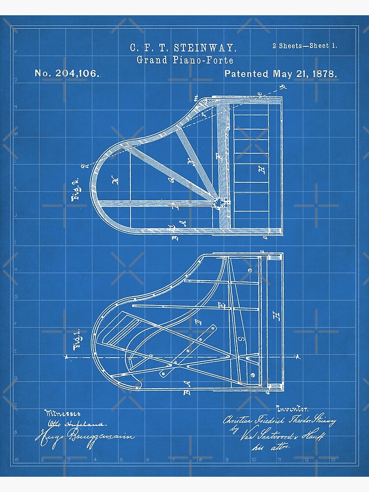 "Steinway Grand Piano Patent - Piano Player Art - Blueprint" Metal ...