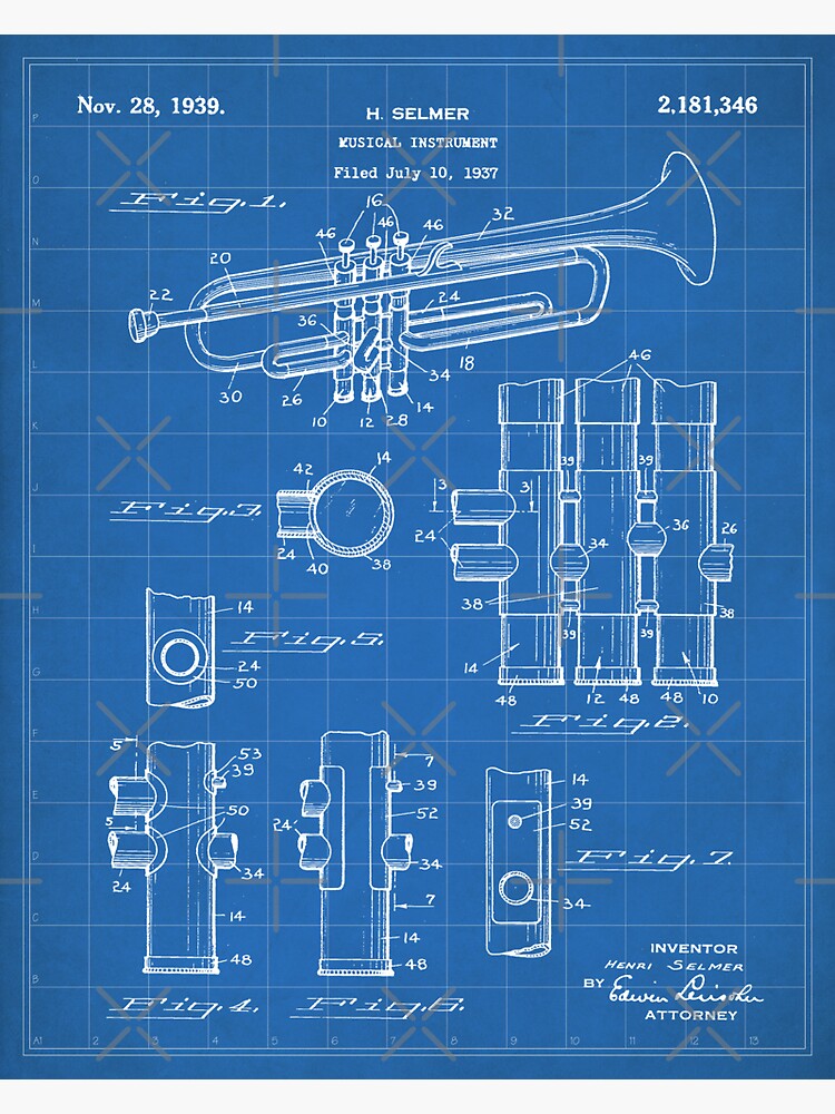 "Selmer Trumpet Patent - Trumpet Art - Blueprint" Sticker by ...
