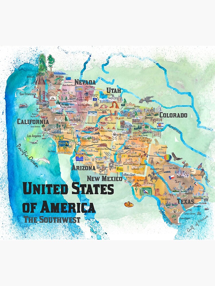 "USA Southwest States Travel Poster Illustrated Art Map" Poster for ...