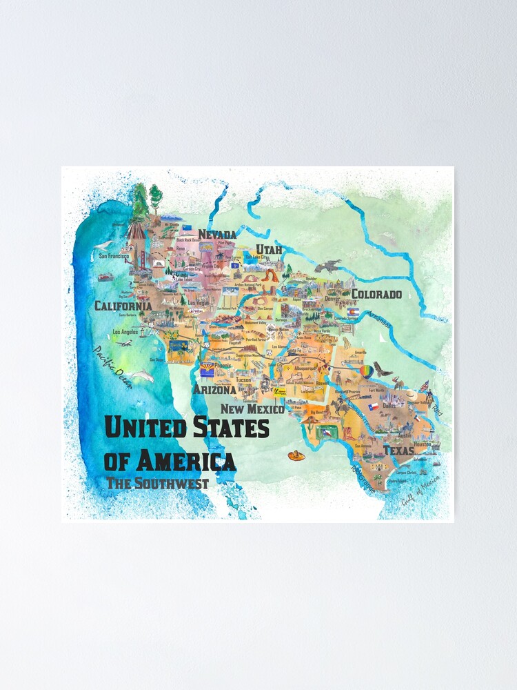 "USA Southwest States Travel Poster Illustrated Art Map" Poster for ...