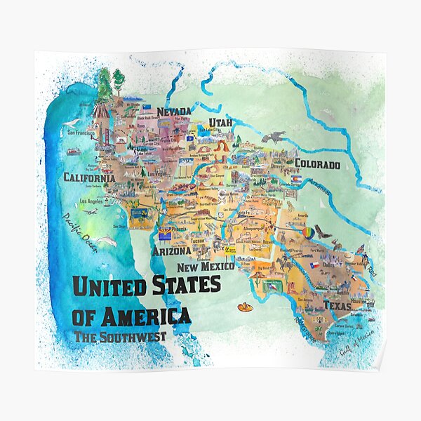 "USA Southwest States Travel Poster Illustrated Art Map" Poster for ...