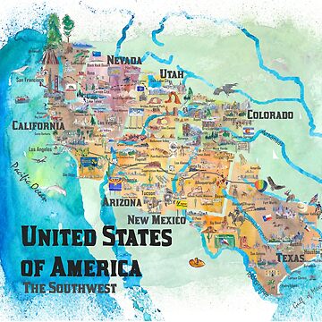 "USA Southwest States Travel Poster Illustrated Art Map" Poster for ...