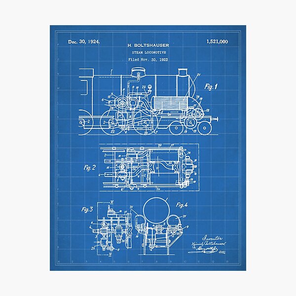 "Steam Train Patent - Steam Locomotive Art - Blueprint" Photographic ...
