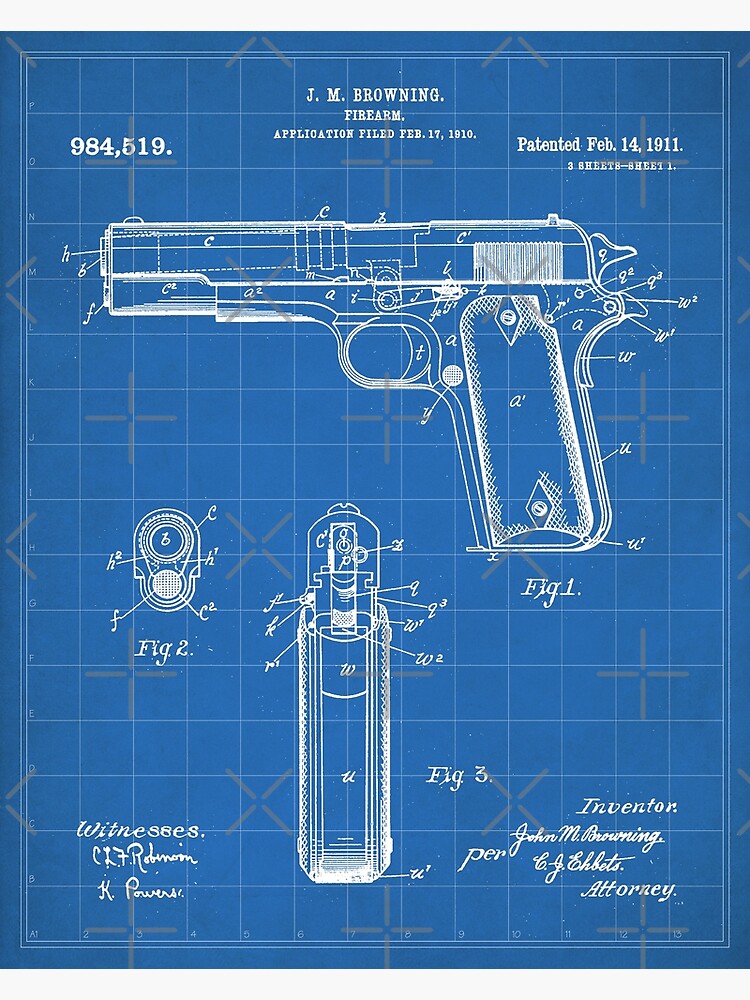 "Colt Pistol Patent - Browning 1911 Colt Art - Blueprint" Poster for ...