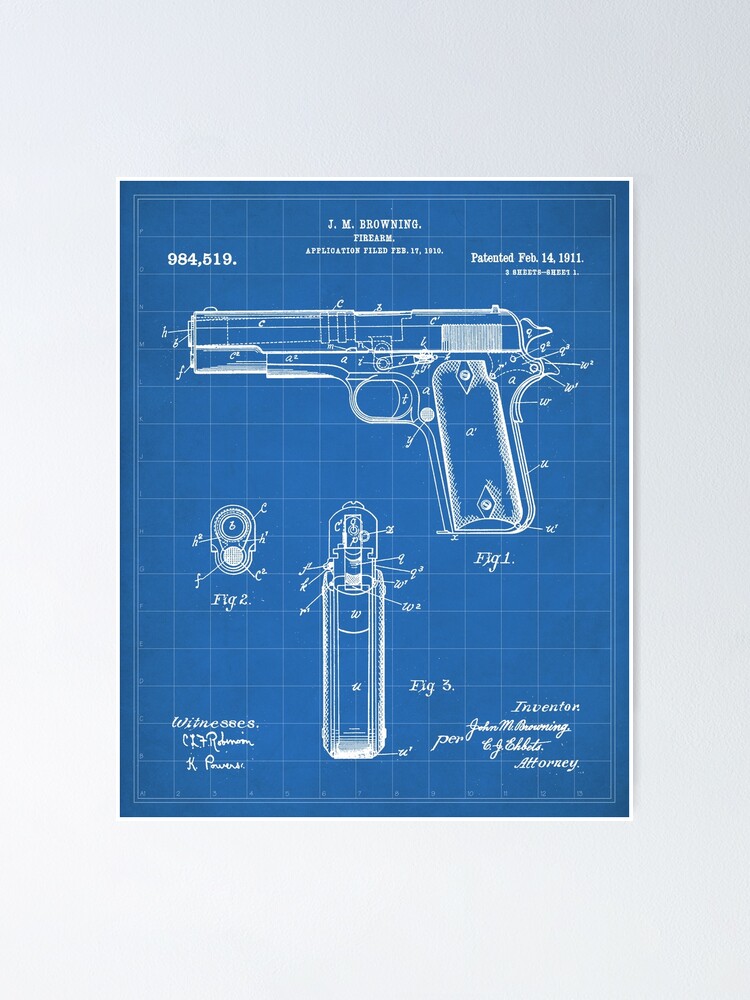 "Colt Pistol Patent - Browning 1911 Colt Art - Blueprint" Poster for ...