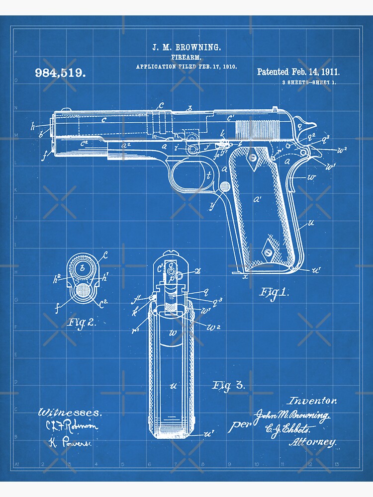 "Colt Pistol Patent - Browning 1911 Colt Art - Blueprint" Sticker by ...