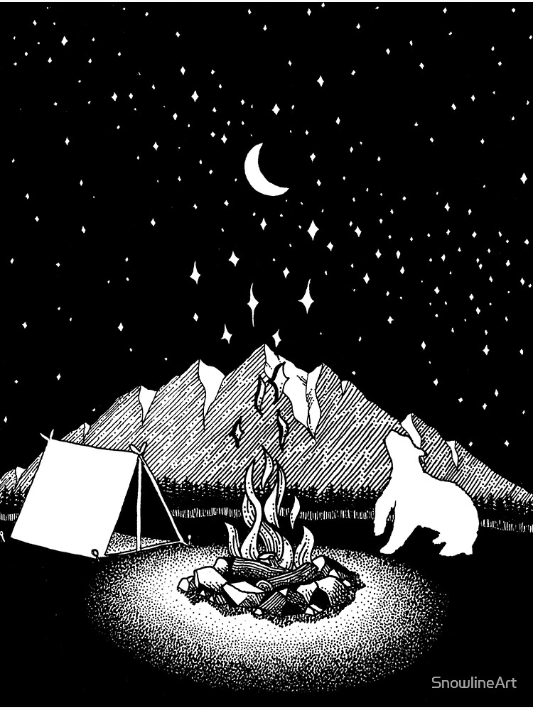 "Mountain Campfire with bear and camping tent - Original Pen and Ink ...