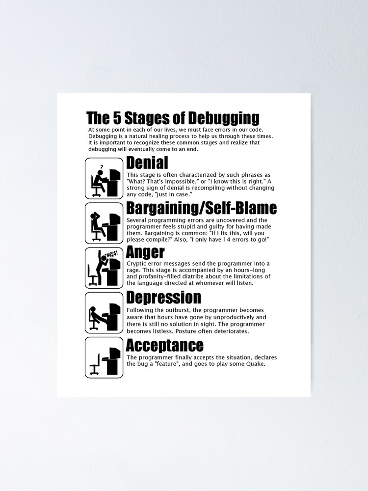 5 Stages Of Debugging Poster By Evelyus Redbubble