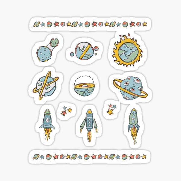 "Exploration Space Sticker Set Hand Drawn Galaxy Cartoon Rockets ...