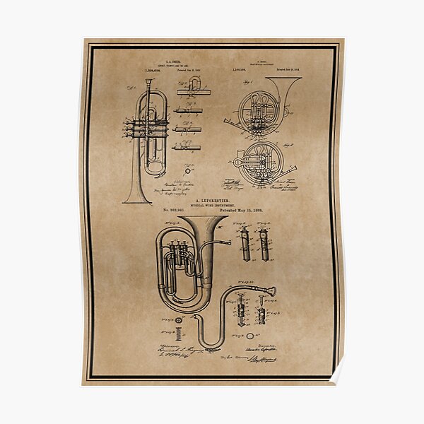 "Classical Musical Brass Instruments Patent Blueprints" Poster for Sale ...