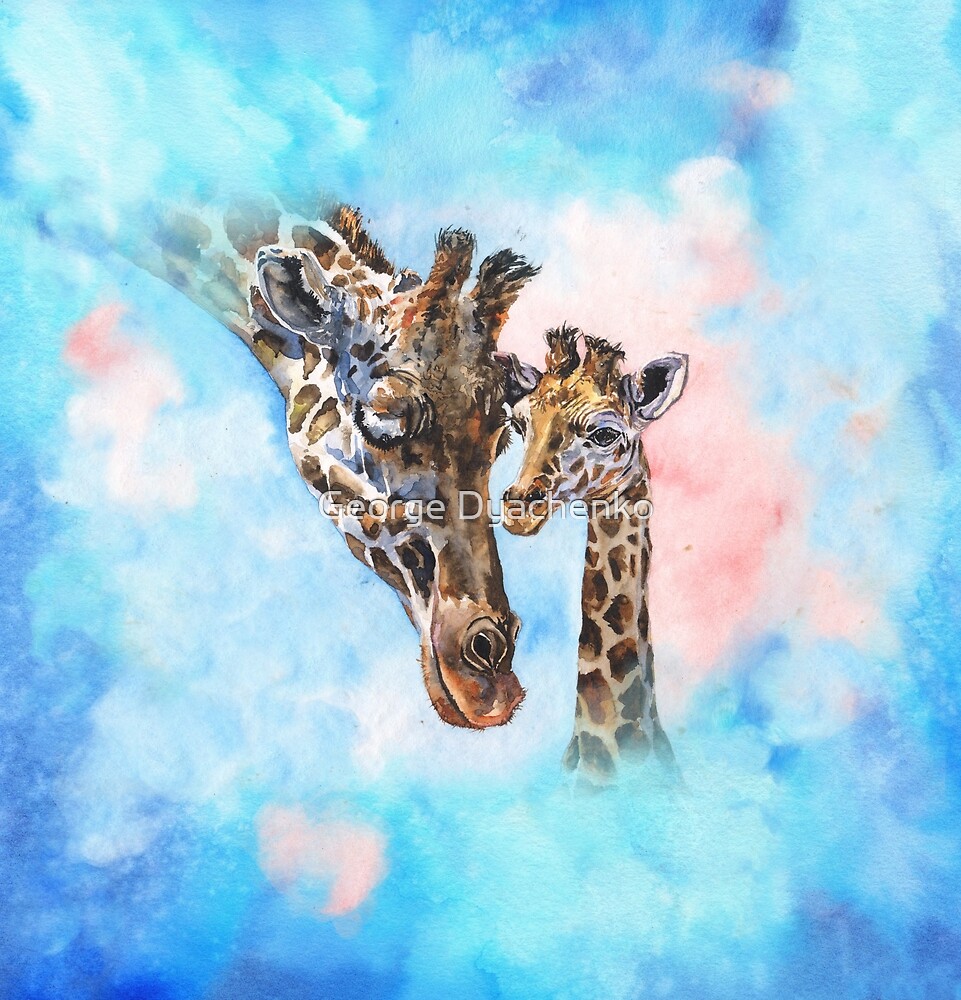 "Giraffes mother and her baby watercolor art from George Dyachenko " by ...