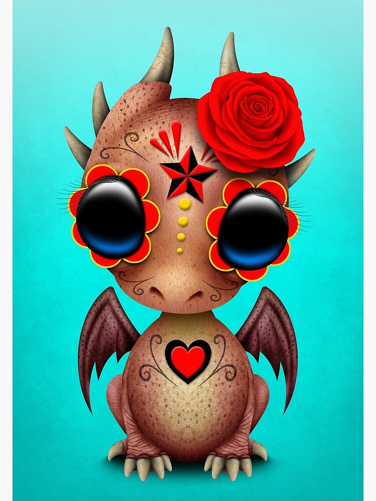 "Red Day of the Dead Sugar Skull Baby Dragon" Art Print for Sale by ...