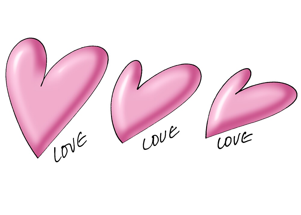 "Three pink hearts with love written underneath." by graphicdoodles ...