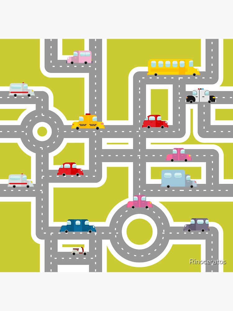 "Road and transport. Cartoon map of cars and traffic." Sticker for Sale ...