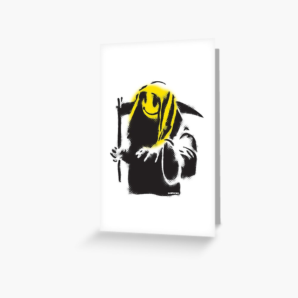 "Banksy graffiti Grim reaper with smiley face yellow and white ...