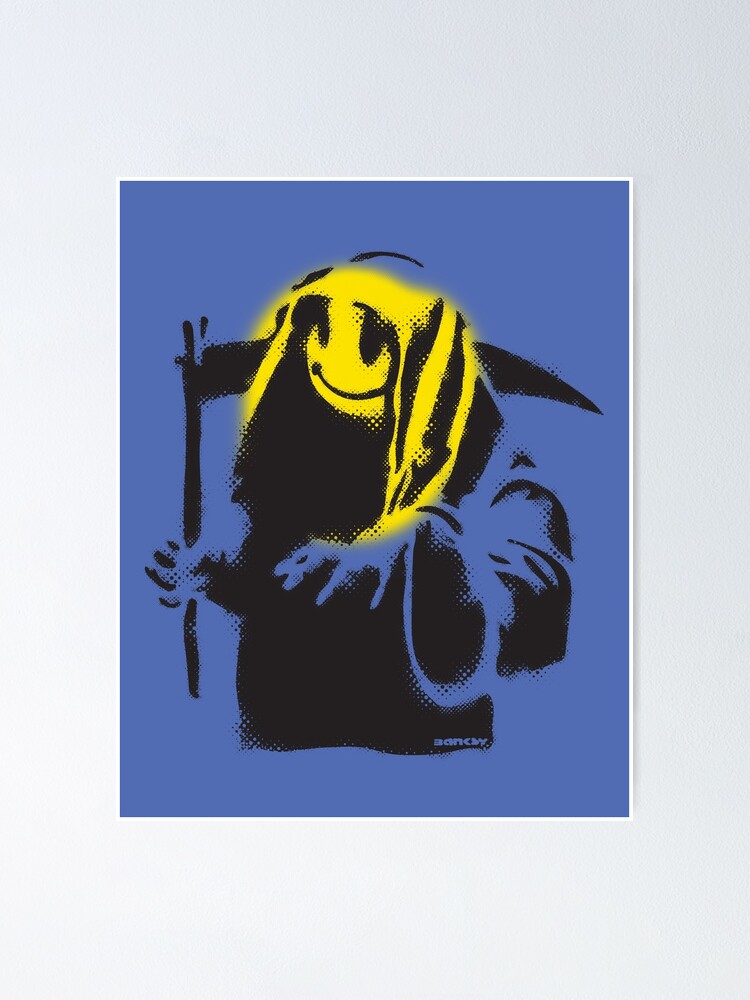 "Banksy graffiti Grim reaper with smiley face yellow and blue ...