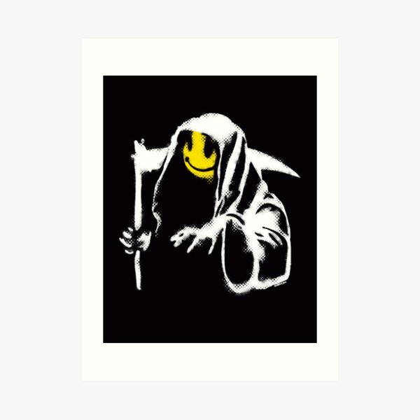 "Banksy graffiti Grim reaper with smiley face yellow and black ...