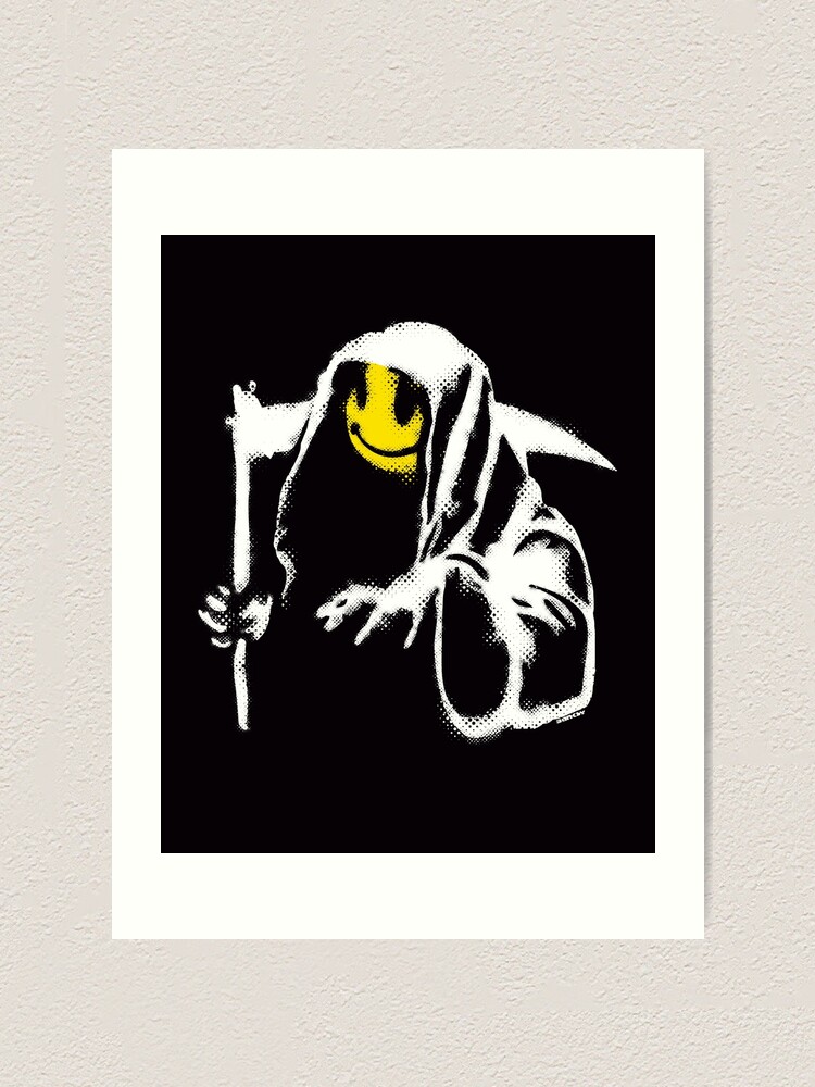 "Banksy graffiti Grim reaper with smiley face yellow and black ...