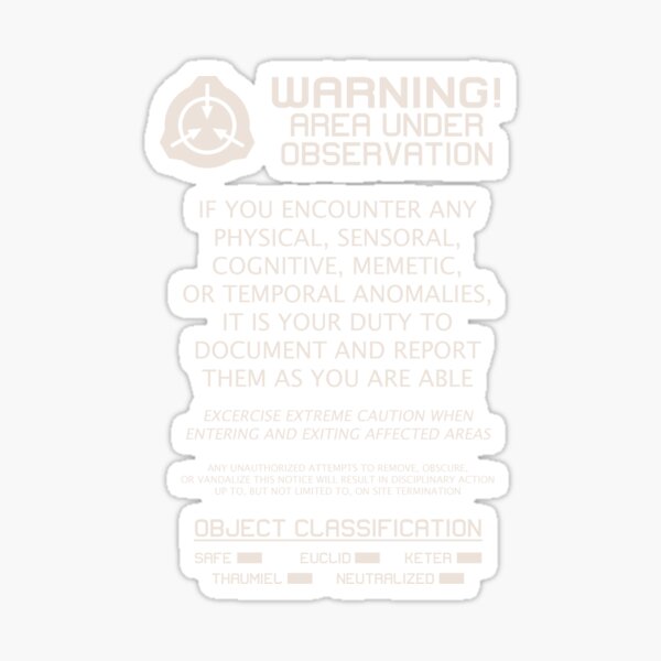 "SCP Foundation WARNING Signage - White Text" Sticker for Sale by ...