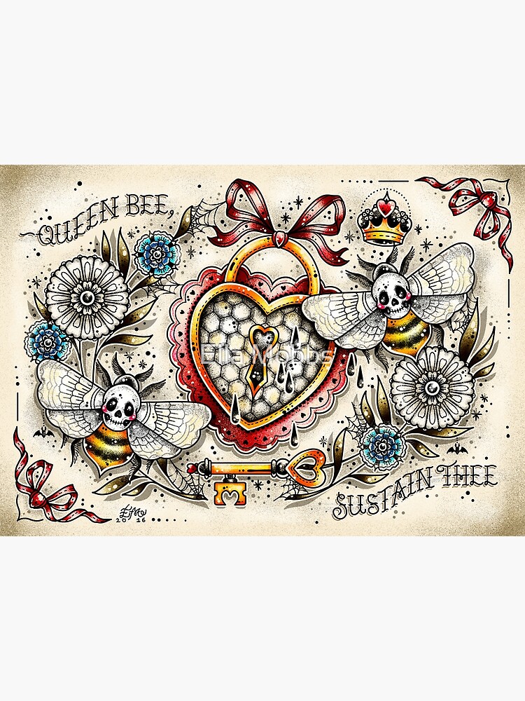 "Queen Skull Bee Sustain Thee Cute Traditional Tattoo Flash ...