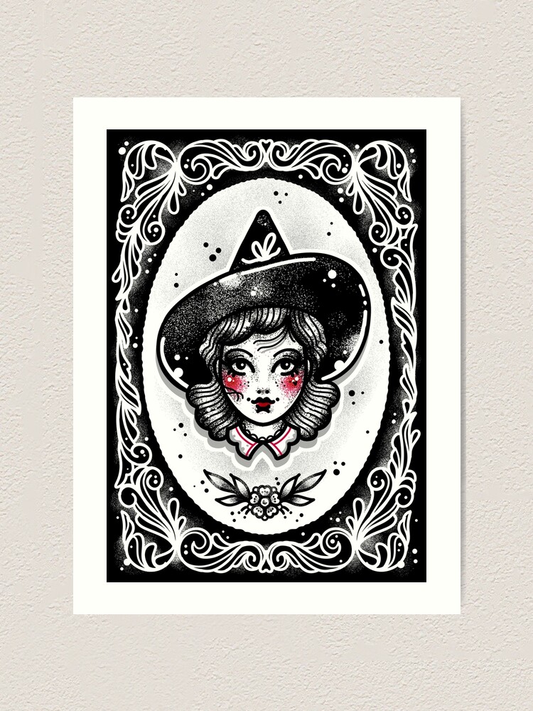 "Halloween Witch Portrait Cute Traditional Tattoo Flash" Art Print for ...