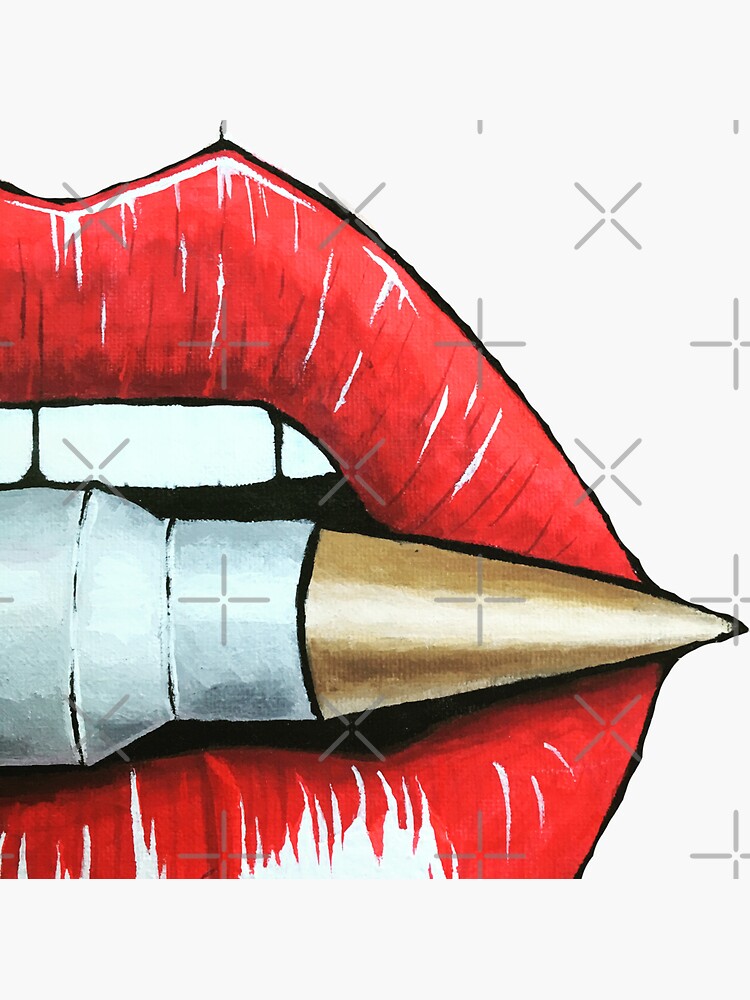 "Red Lips Biting Bullet Painting White Background" Sticker for Sale by ...